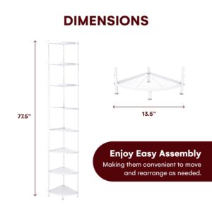 Vdomus | 8 Tier Kitchen Corner Shelf - Stainless Steel Corner Shelves Standing - Tall Organizer Unit for Pot, Dish, Vegetable, and Fruit Rack - Effortless Portability - Easy Assembly (White)