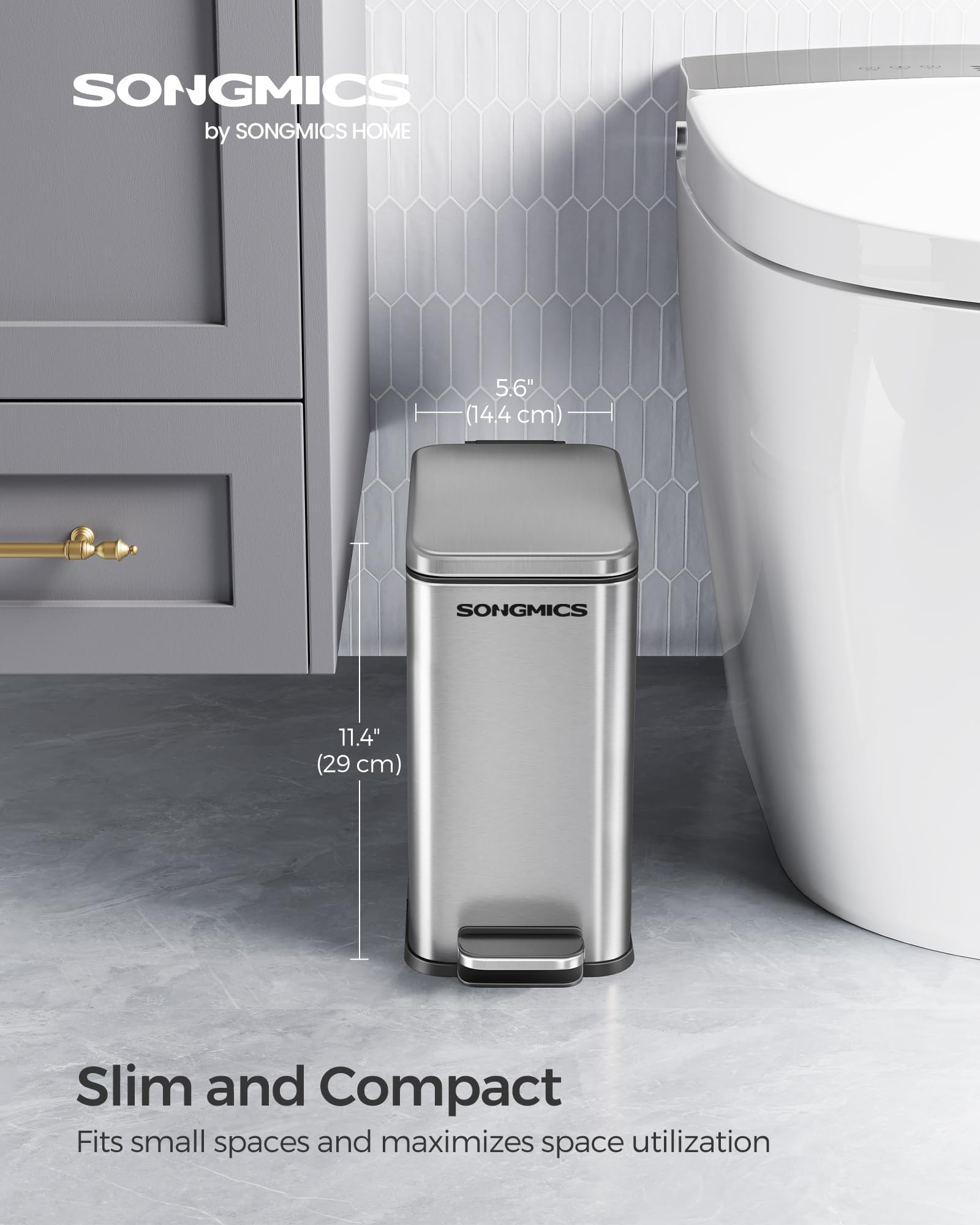 SONGMICS Bathroom Trash Can and Toilet Brush Set, 1.3 Gallon Small Trash Bin with Lid, Slim for Small Spaces, Stainless Steel Garbage Can, Soft Close, Silver ULTB560E0501