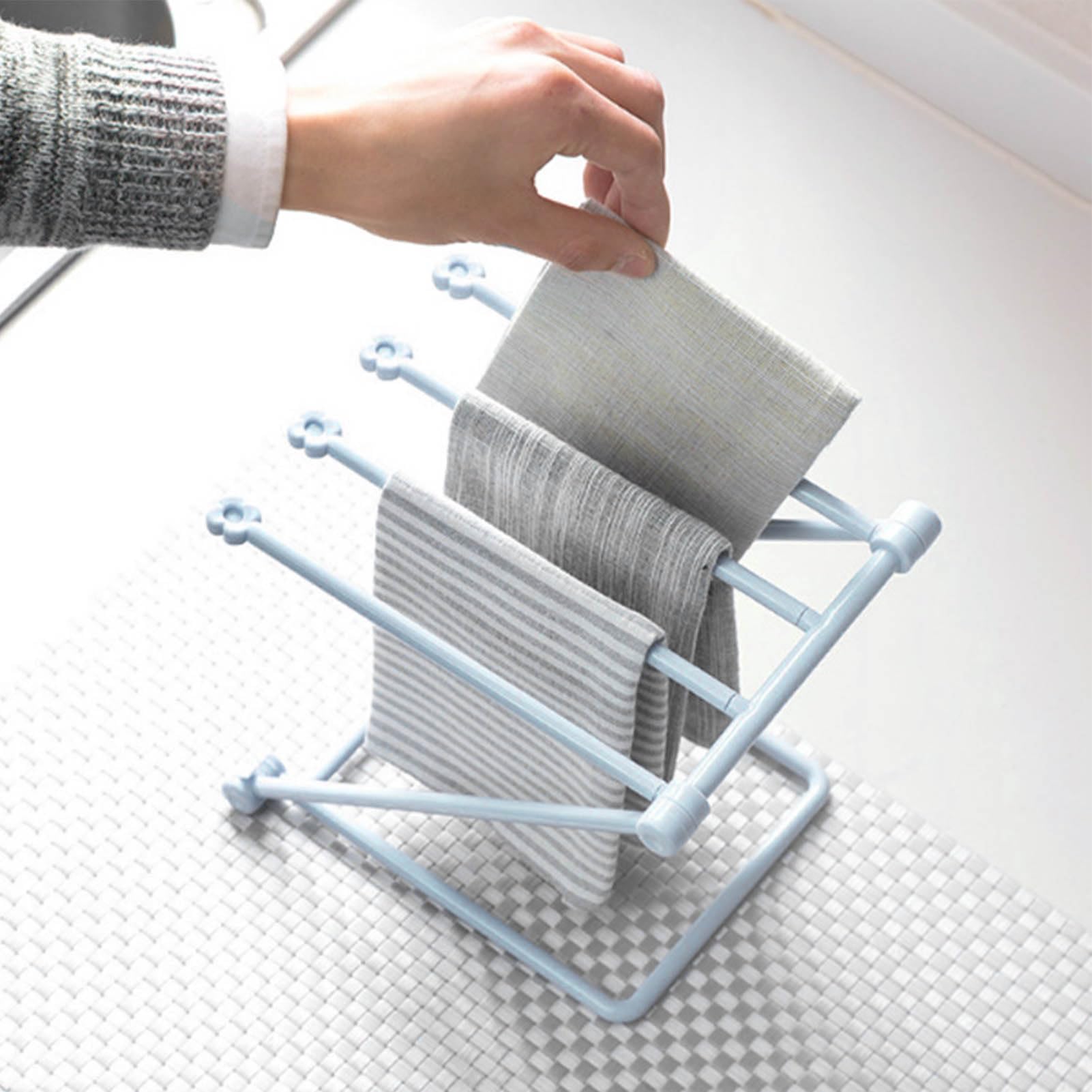 Countertop Dishcloth Drying Rack for Kitchen, 4 Arms Folding Dishcloth Holder, Vertical Hand Towel Stand, Kitchen Rag Holder, Dishcloth Storage Rack, Dish Rag Cloth Holder for Home(Light Blue)