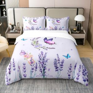 manfei lavender 100% organic cotton comforter cover purple flower butterfly duvet cover set queen size for bedroom botanical floral wild plants bedding set with 2 pillowcases