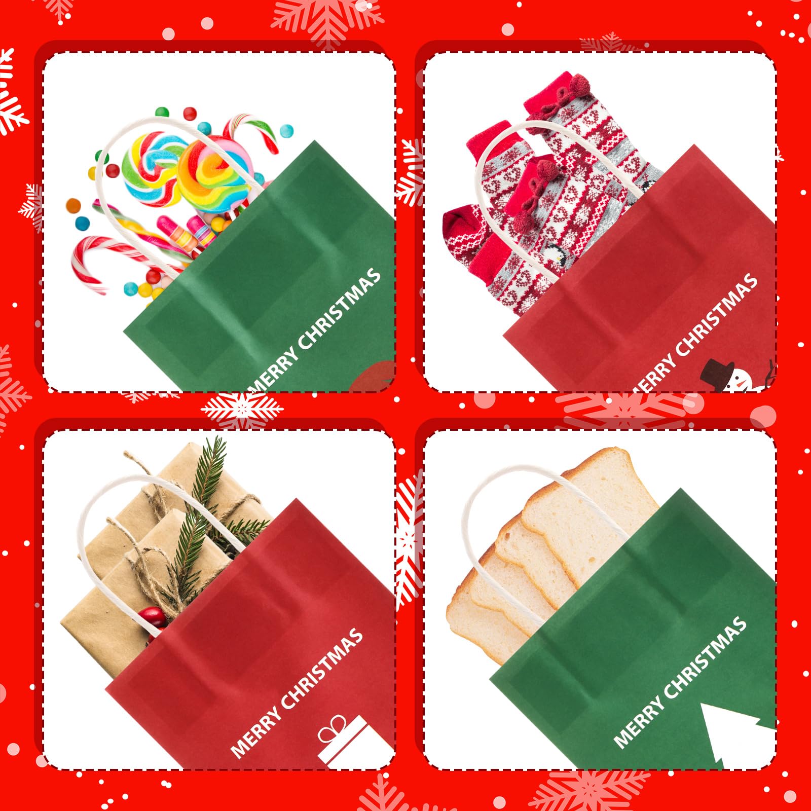 Tenceur 120 Pcs Christmas Gift Bags Bulk Christmas Party Treat Bags Xmas Kraft Paper Red & Green Gift Bags with Handles Christmas Themed Parties Birthday Wedding Bridal Shower Party Favors