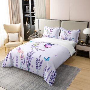 Manfei Lavender 100% Organic Cotton Comforter Cover Purple Flower Butterfly Duvet Cover Set Queen Size for Bedroom Botanical Floral Wild Plants Bedding Set with 2 Pillowcases