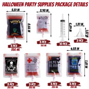 42PCS Halloween Blood Bags for Drinks Party Supplies, 30PCS Reusable Vampire Party Drinking Pouches + 10 Syringes + 2 Funnels, Various Size Containers for Halloween Zombie Nurse Theme Carnival Party Decorations Props