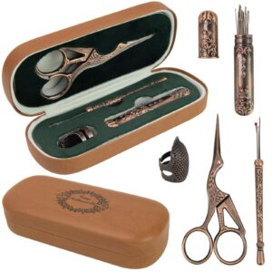 vintage embroidery scissors kit, fancy needlework set with crane stork shear, antique seam ripper, european style thimbles, needles for sewing knitting cross stitch crochet yarn thread cutting