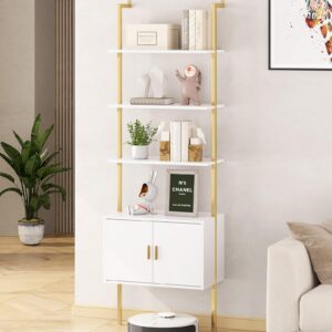 gadroad 73" tall bookshef with cabinet, wall mounted industrial ladder bookcase with wood and metal frame, 5 tier plant shelf display storage shelves for living room bedroom, white gold