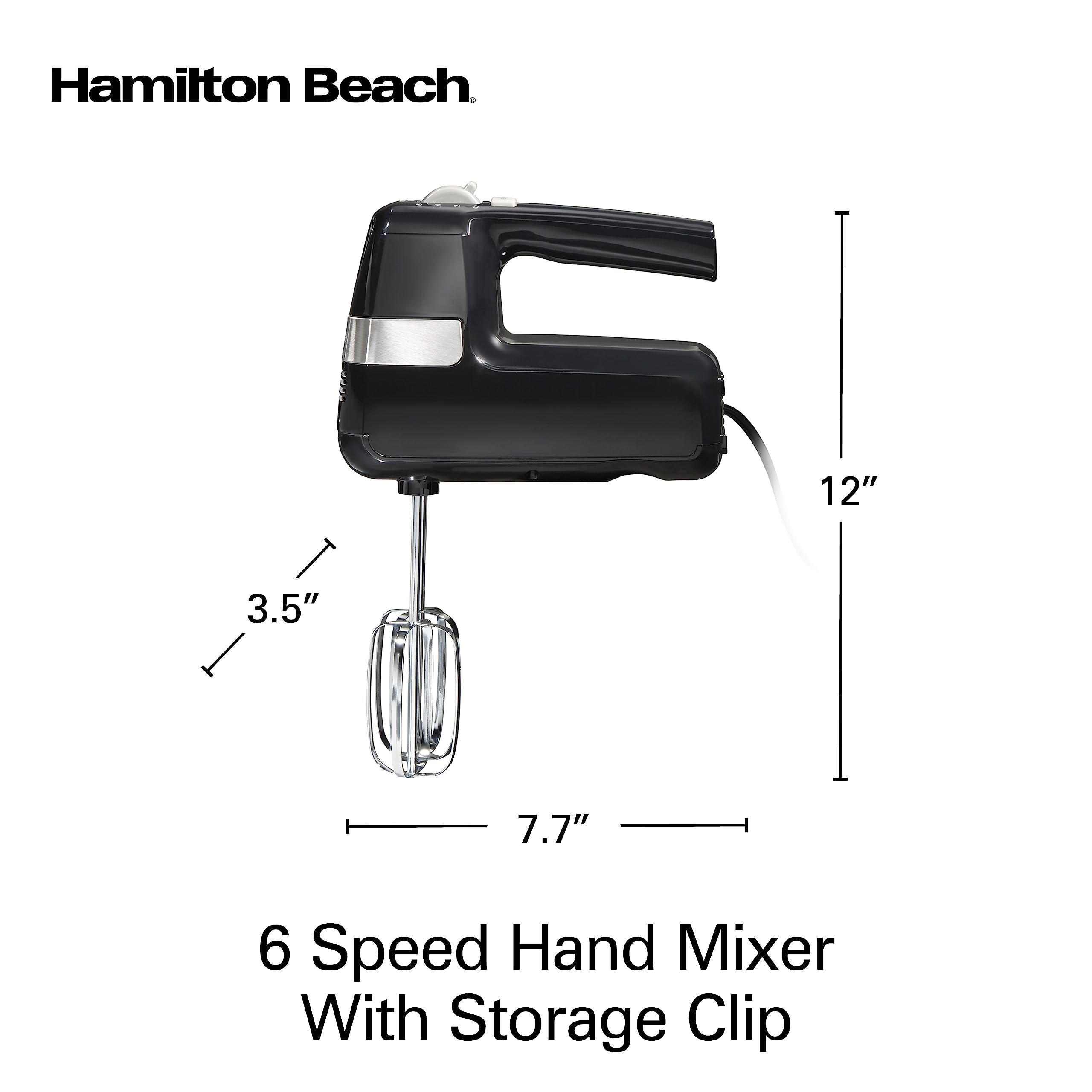 Hamilton Beach Electric Hand Mixer, 6 Speeds + Stir Button, 300 Watts of Peak Power for Powerful Mixing, Includes Whisk and Storage Clip, Black (62628)