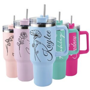 elemtansy ships next day, personalized 40 oz tumbler with handle and straw, custom stainless steel insulated tumbler with name travel coffee mug personalized gifts for women girls