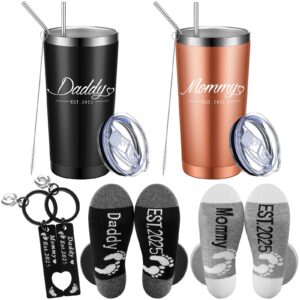 mifoci 6 pcs gifts for new parents est 2025 20oz stainless steel insulated tumbler with lid anniversary new parents pregnancy new parents's gift daddy keychain socks for mother's day father's day