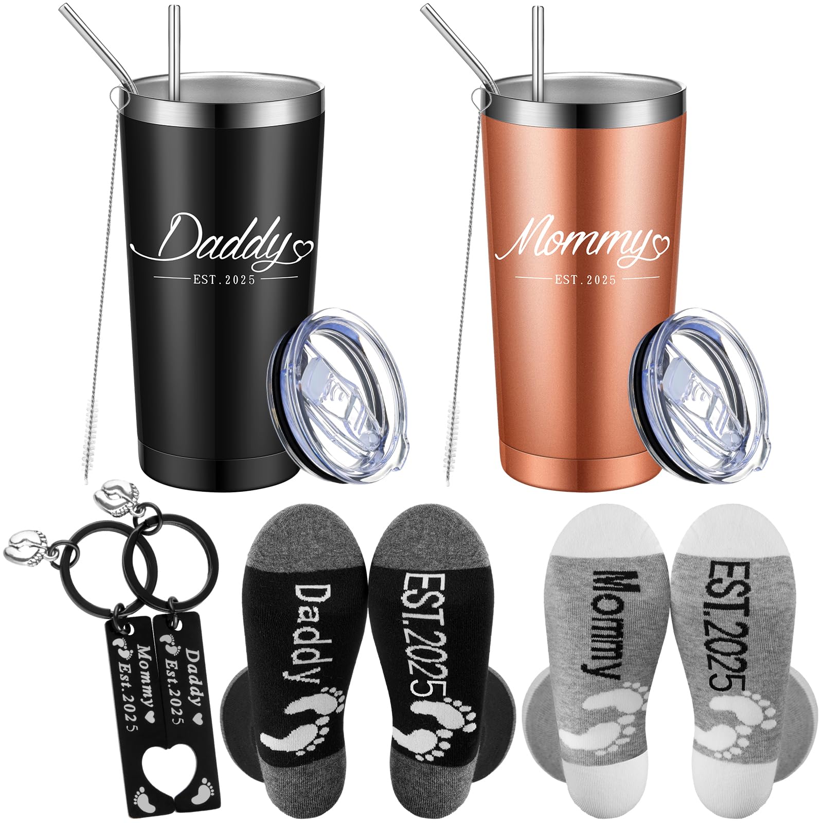 Mifoci 6 Pcs Gifts for New Parents Est 2025 20oz Stainless Steel Insulated Tumbler with Lid Anniversary New Parents Pregnancy New Parents's Gift Daddy Keychain Socks for Mother's Day Father's Day