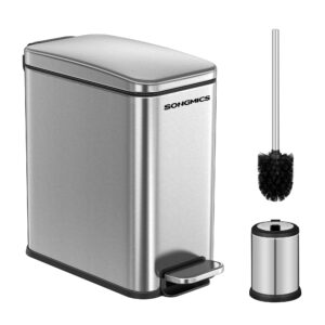 songmics bathroom trash can and toilet brush set, 1.3 gallon small trash bin with lid, slim for small spaces, stainless steel garbage can, soft close, silver ultb560e0501