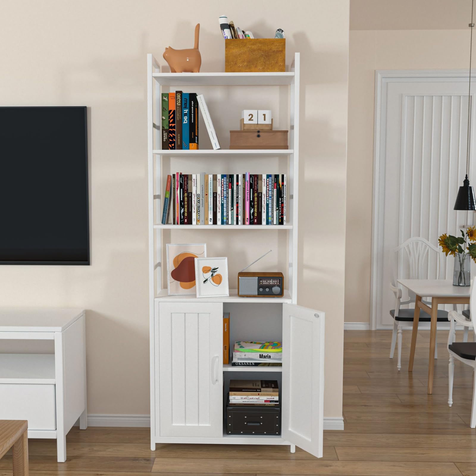 Lazyvan White Bookshelf with Doors,70" Tall Bookcase with Storage Cabinet,6 Tier Book Shelf for Living Room/Bedroom/Home Office/Kitchen,70"(H)*26"(L)*11.8"(W)