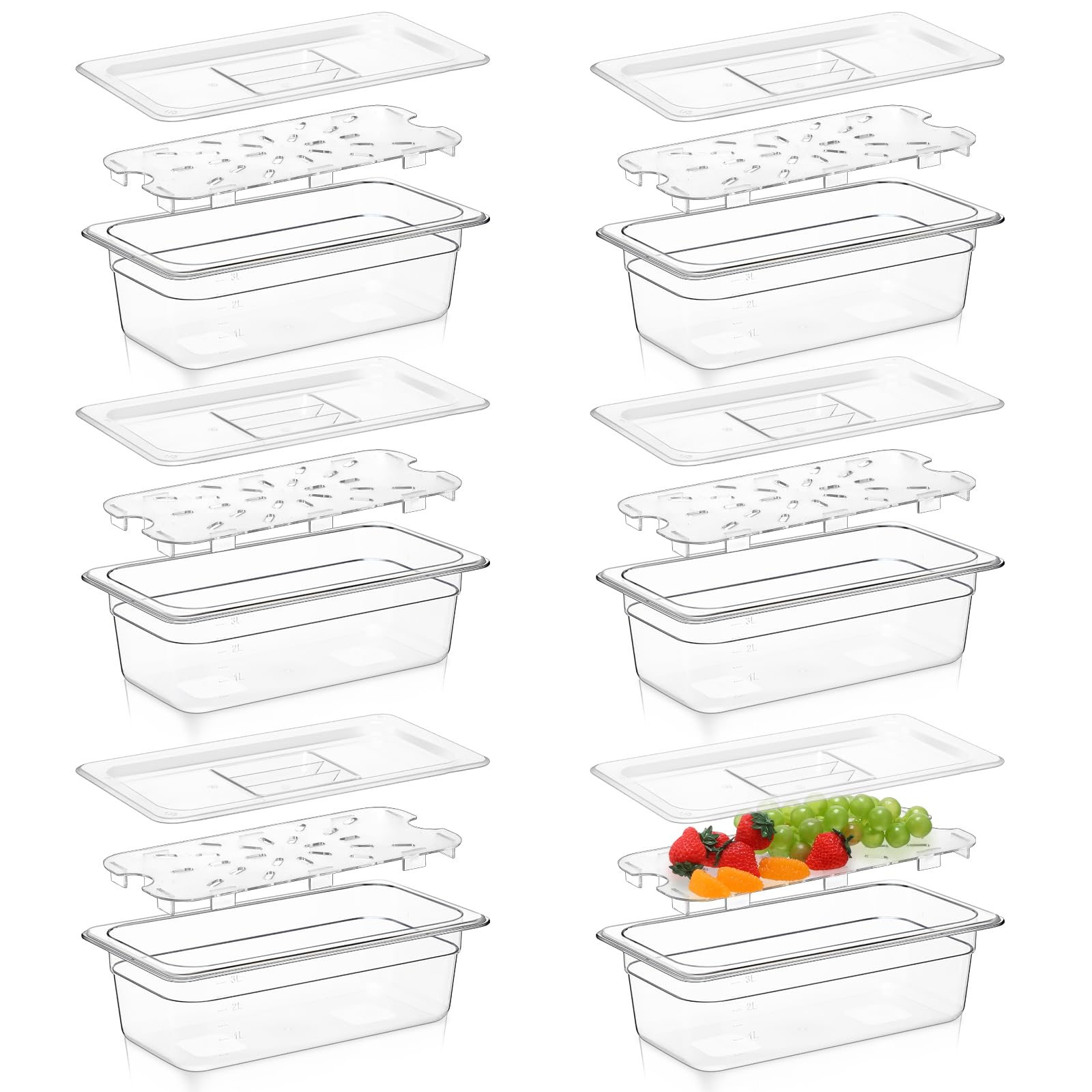 Sunnyray 6 Set 1/3 Size Polycarbonate Food Pans with Lids and Drain Shelf Clear Square Food Storage Containers for Kitchen Restaurant Fruit Vegetable Food Container and Storage (4 Inch Deep)