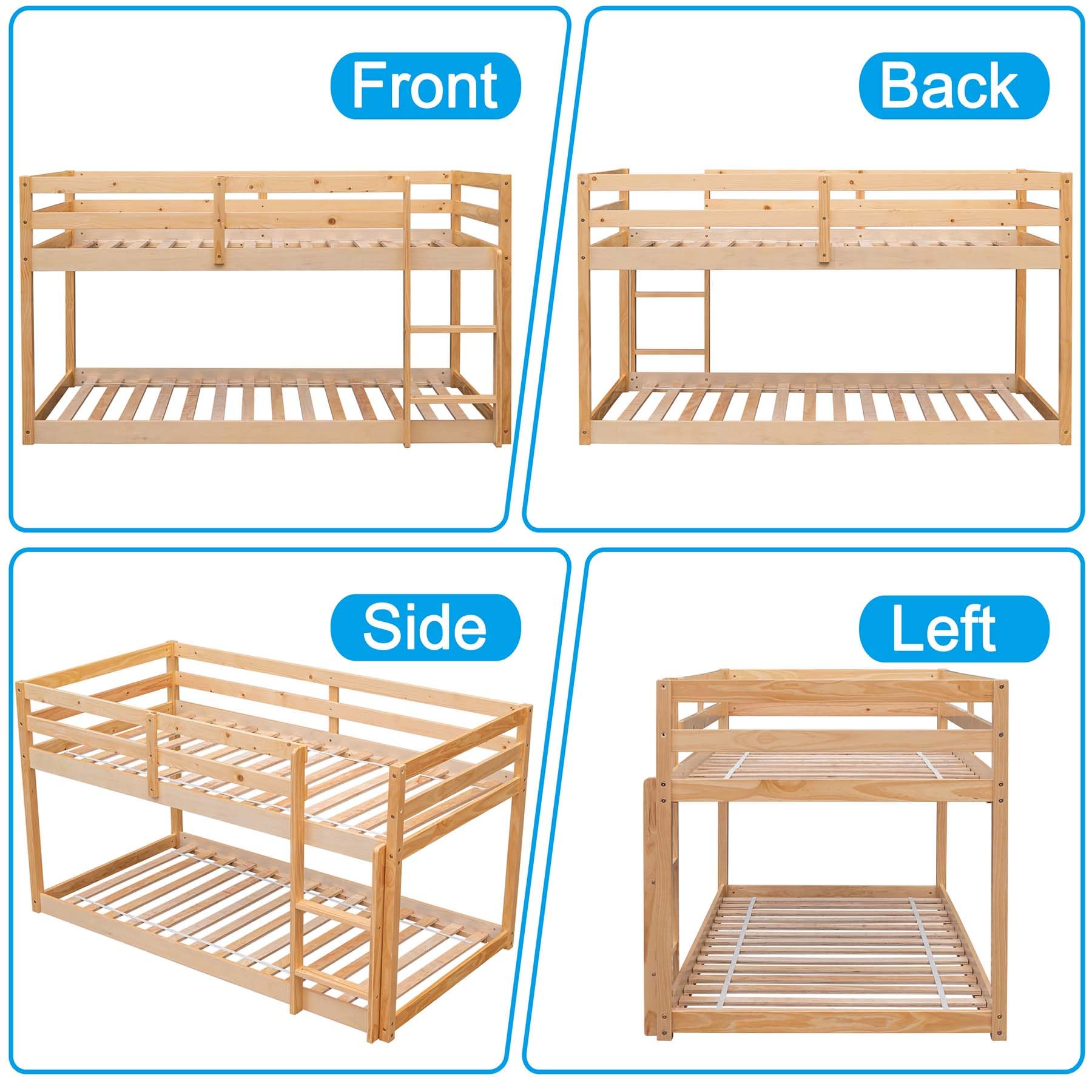 Anwick Twin Over Twin Low Bunk Bed with Stairs and Rails, Wooden Bunk Beds Frame with Safety Guardrail and Slats for Toddlers, Kids, Teens, Boys, Girls, Noise-Free (Natural)