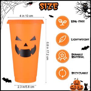 Umigy 24 Pcs Halloween Plastic Cups with Lids and Straws 4 Styles Pumpkin Ghost Skull Bat Tumblers Reusable Halloween Party Cups for Kids Adults Halloween Birthday Party Favors Supplies