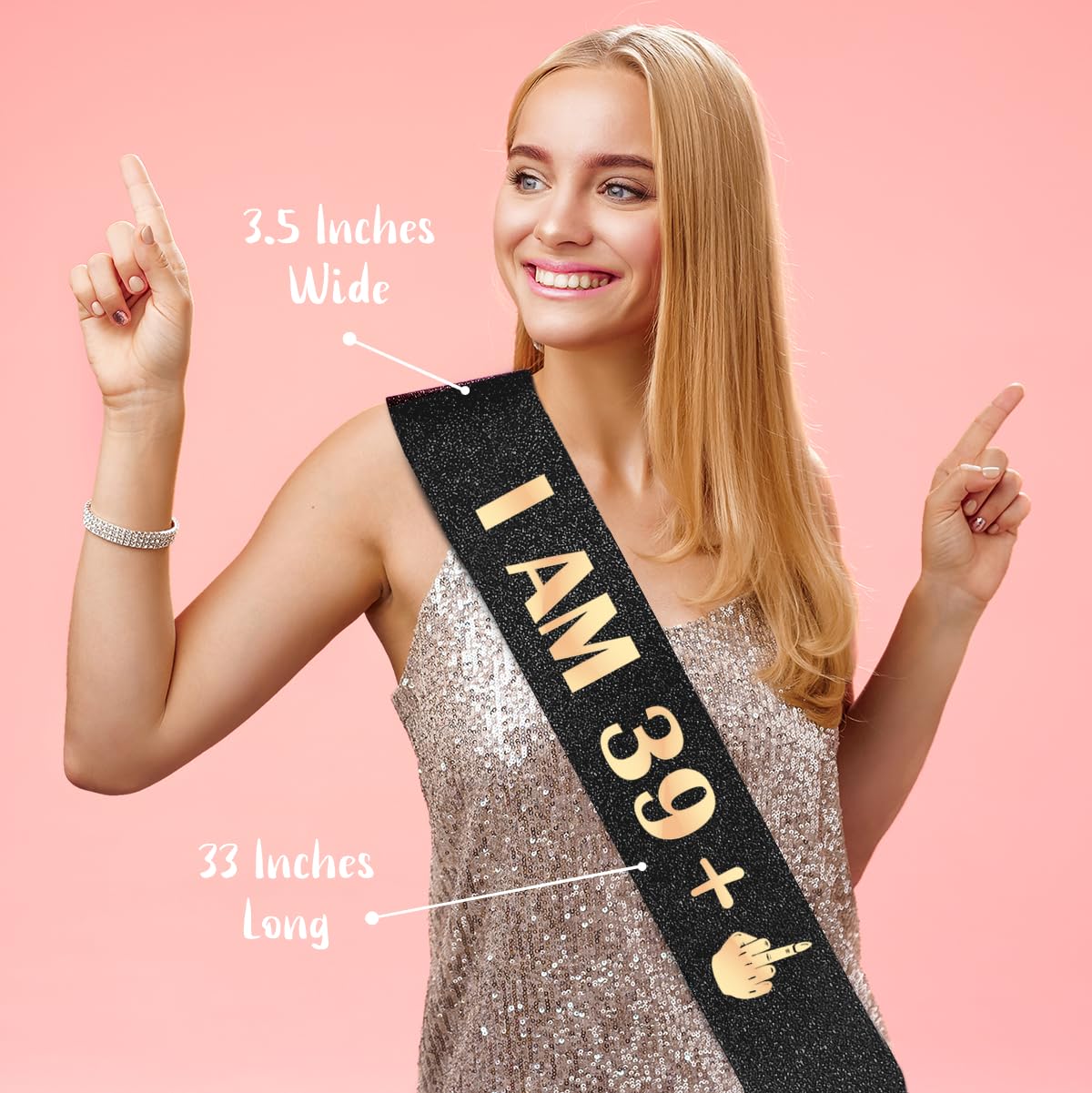 PartyForever 40th Birthday Decoration Sash for Women I AM 39 Plus 1 Middle finger Black 32 inch Long with Rose Gold Letters for Her