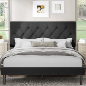 queen size platform bed frame with upholstered headboard, button tufted design, no box spring needed, dark grey