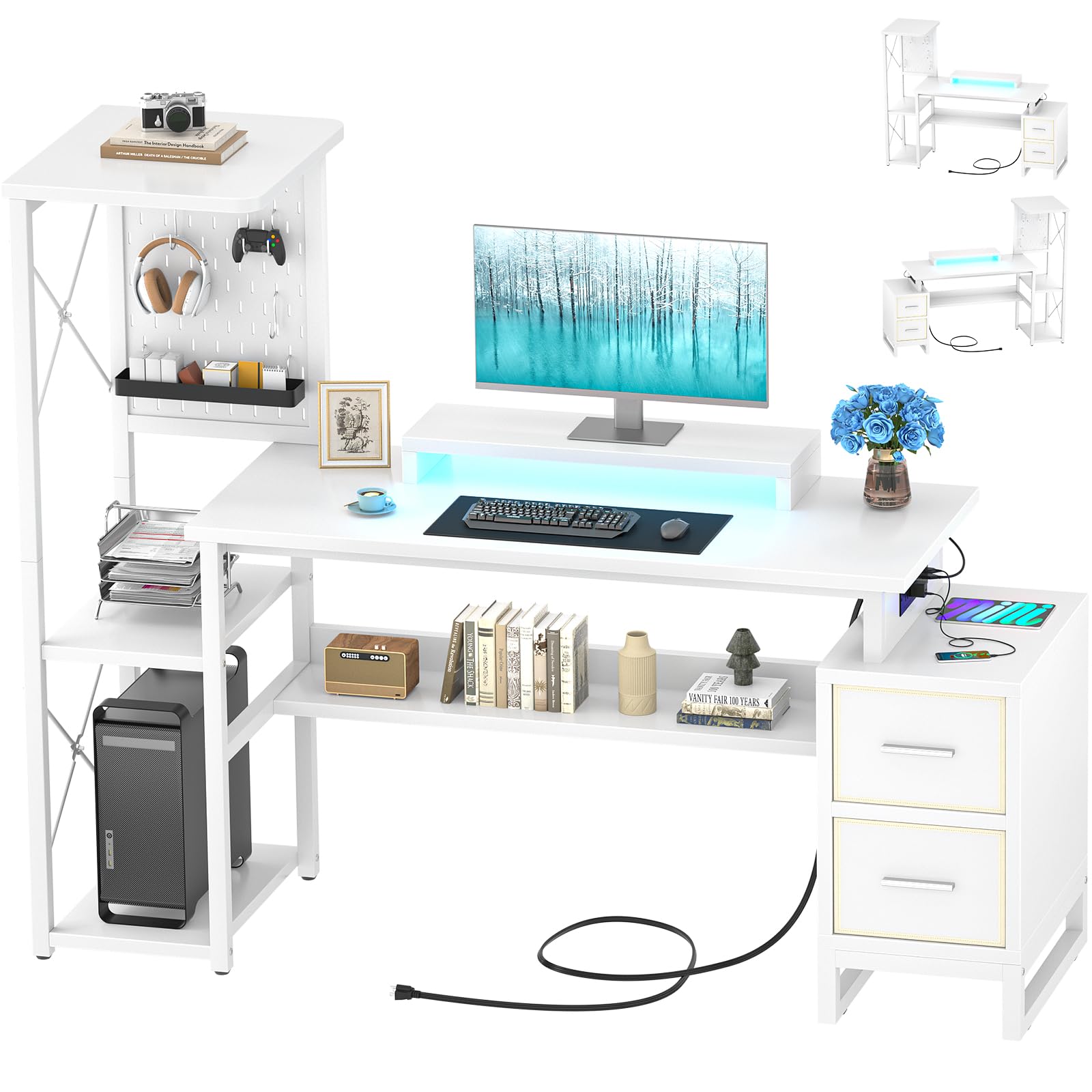 Computer Desk with 2 Fabric Drawers - Reversible Home Office Desk with Power Outlet & LED Lights, 53" Writing Desk with Monitor Stand & Storage Shelves, Gaming Desk Study Table with Pegboard, White