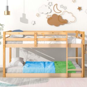 anwick twin over twin low bunk bed with stairs and rails, wooden bunk beds frame with safety guardrail and slats for toddlers, kids, teens, boys, girls, noise-free (natural)