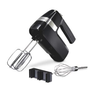 hamilton beach electric hand mixer, 6 speeds + stir button, 300 watts of peak power for powerful mixing, includes whisk and storage clip, black (62628)