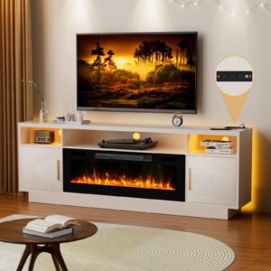 kucreiheat 70'' tv stand with 36'' fireplace-led light entertainment center for 75+ inch tv-white tv cabinet with storage, modern tv console for living room