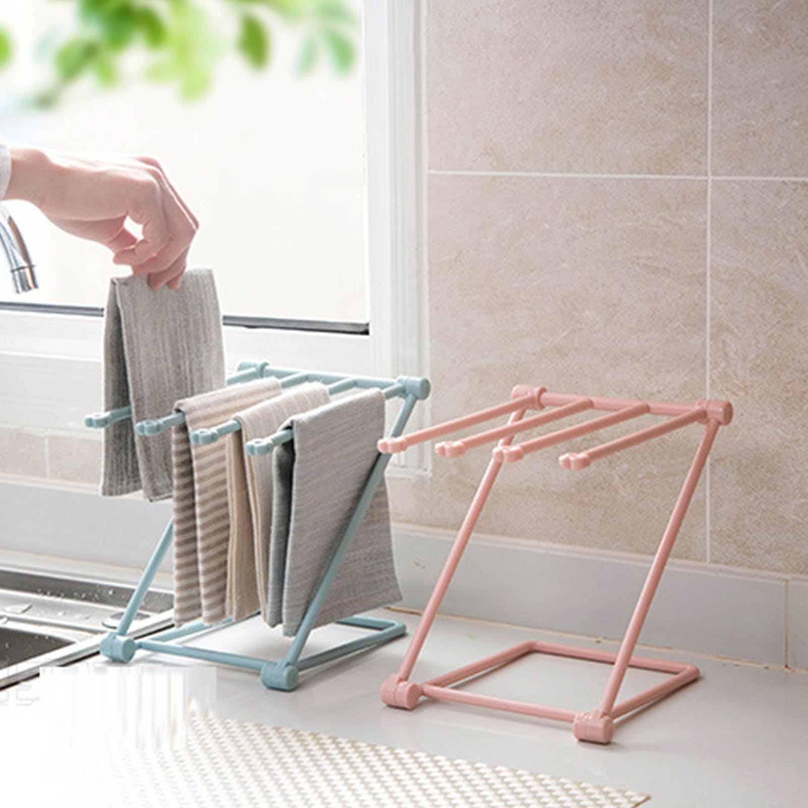 Countertop Dishcloth Drying Rack for Kitchen, 4 Arms Folding Dishcloth Holder, Vertical Hand Towel Stand, Kitchen Rag Holder, Dishcloth Storage Rack, Dish Rag Cloth Holder for Home(Light Blue)