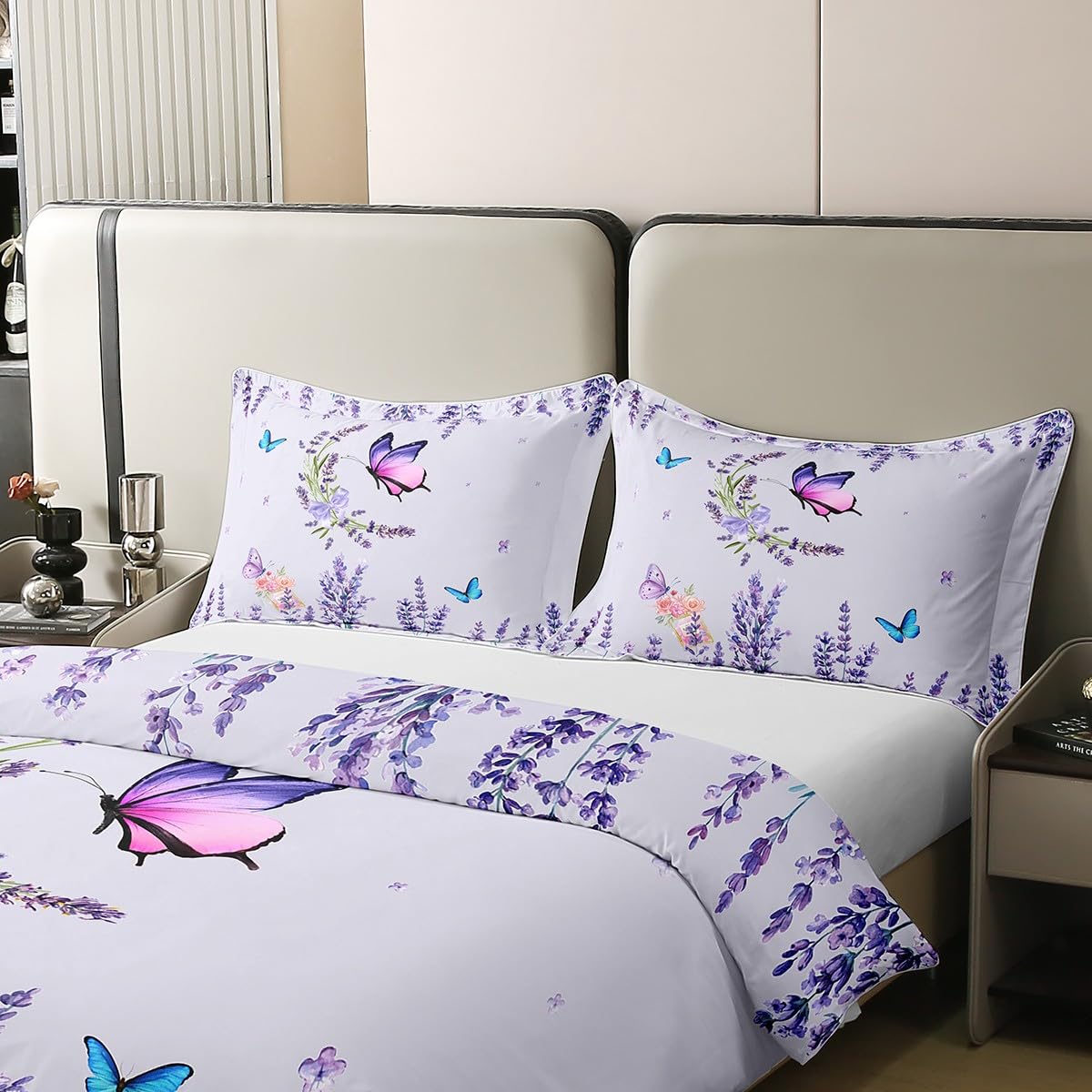 Manfei Lavender 100% Organic Cotton Comforter Cover Purple Flower Butterfly Duvet Cover Set Queen Size for Bedroom Botanical Floral Wild Plants Bedding Set with 2 Pillowcases