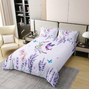 Manfei Lavender 100% Organic Cotton Comforter Cover Purple Flower Butterfly Duvet Cover Set Queen Size for Bedroom Botanical Floral Wild Plants Bedding Set with 2 Pillowcases