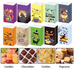 WOONOO 50PCS Halloween Treat Bags Candy Bags for Halloween Party, 10 Styles Paper Halloween Goodie Bags for Party Favors with 50PCS Stickers, Halloween Kids Trick or Treat Gift Bags Party Supplies