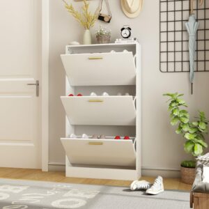 novamaison narrow shoe storage cabinet, shoe cabinet for entryway with 3 flip drawers, wood hidden shoe storage, freestanding shoe organizer for hallway, bedroom, apartment, white