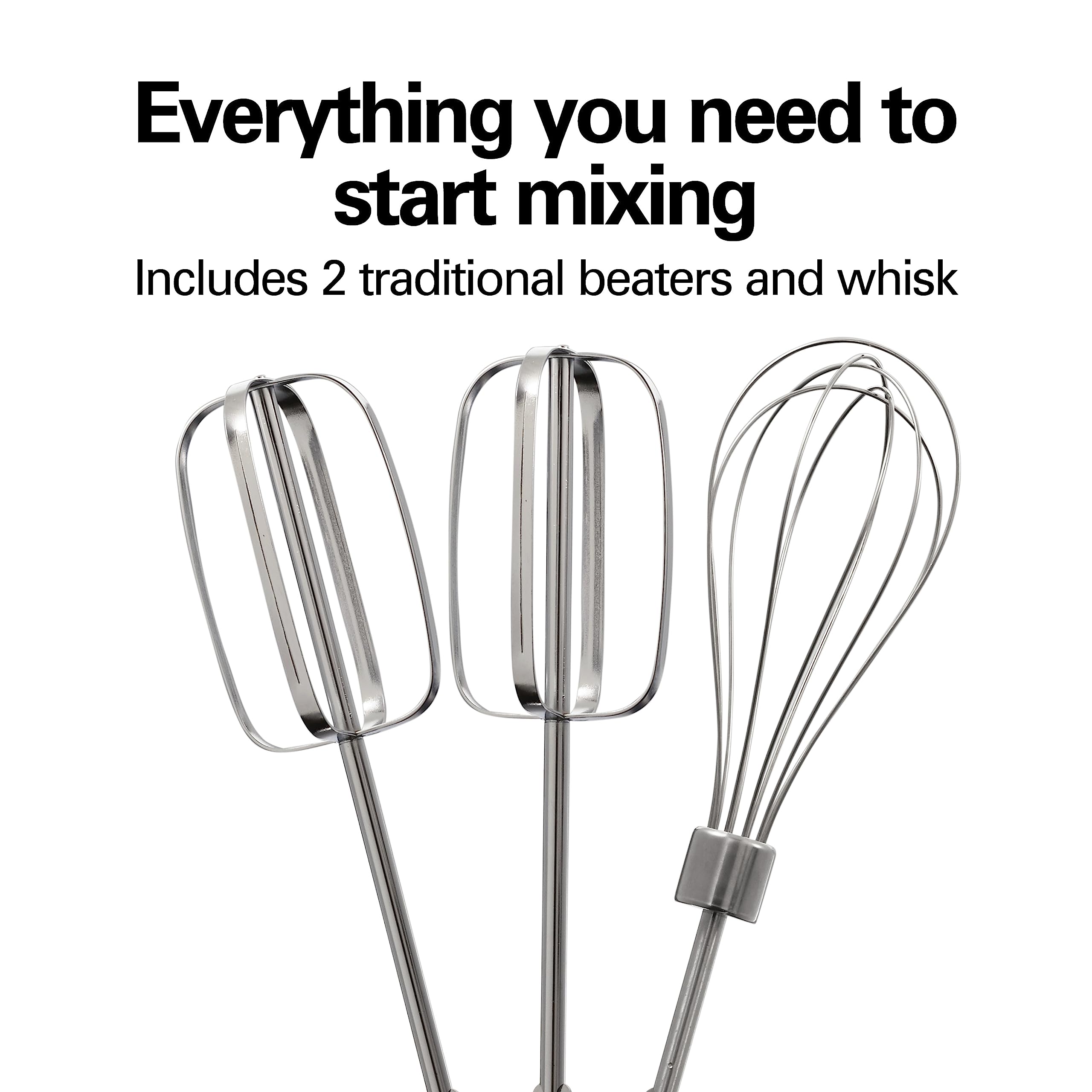 Hamilton Beach Electric Hand Mixer, 6 Speeds + Stir Button, 300 Watts of Peak Power for Powerful Mixing, Includes Whisk and Storage Clip, Black (62628)