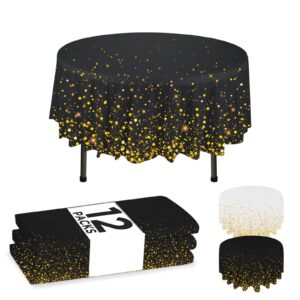 norzee 12-pack black disposable plastic tablecloths, 84" plastic table cloth, round table cover, round plastic tablecloth disposable black gold confety