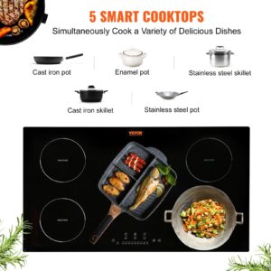 VEVOR Electric Cooktop, 5 Burners, 36'' Induction Stove Top, Built-in Magnetic Cooktop 9200W, 9 Heating Level Multifunctional Burner, LED Touch Screen w/Child Lock & Over-Temperature Protection