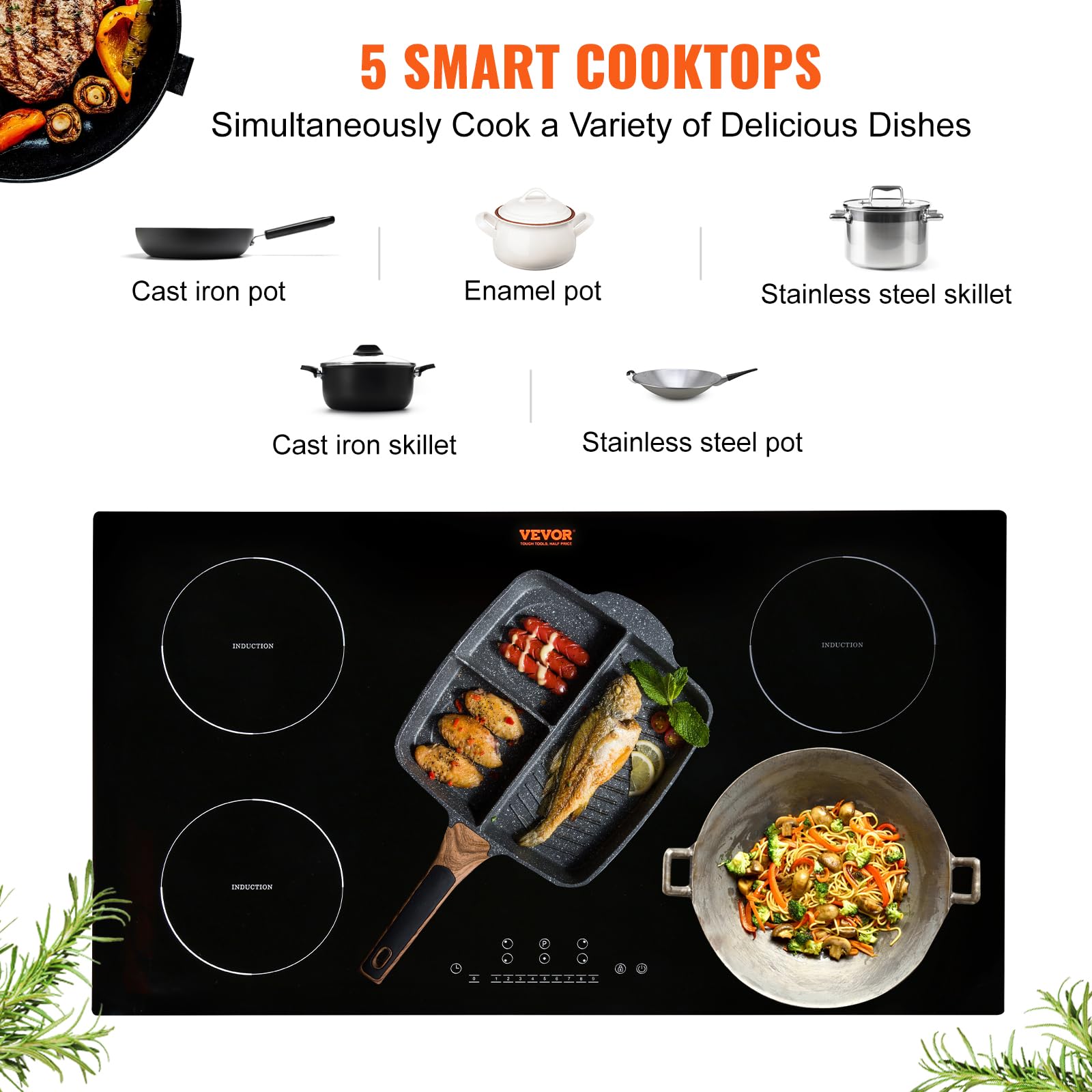 VEVOR Electric Cooktop, 5 Burners, 36'' Induction Stove Top, Built-in Magnetic Cooktop 9200W, 9 Heating Level Multifunctional Burner, LED Touch Screen w/Child Lock & Over-Temperature Protection