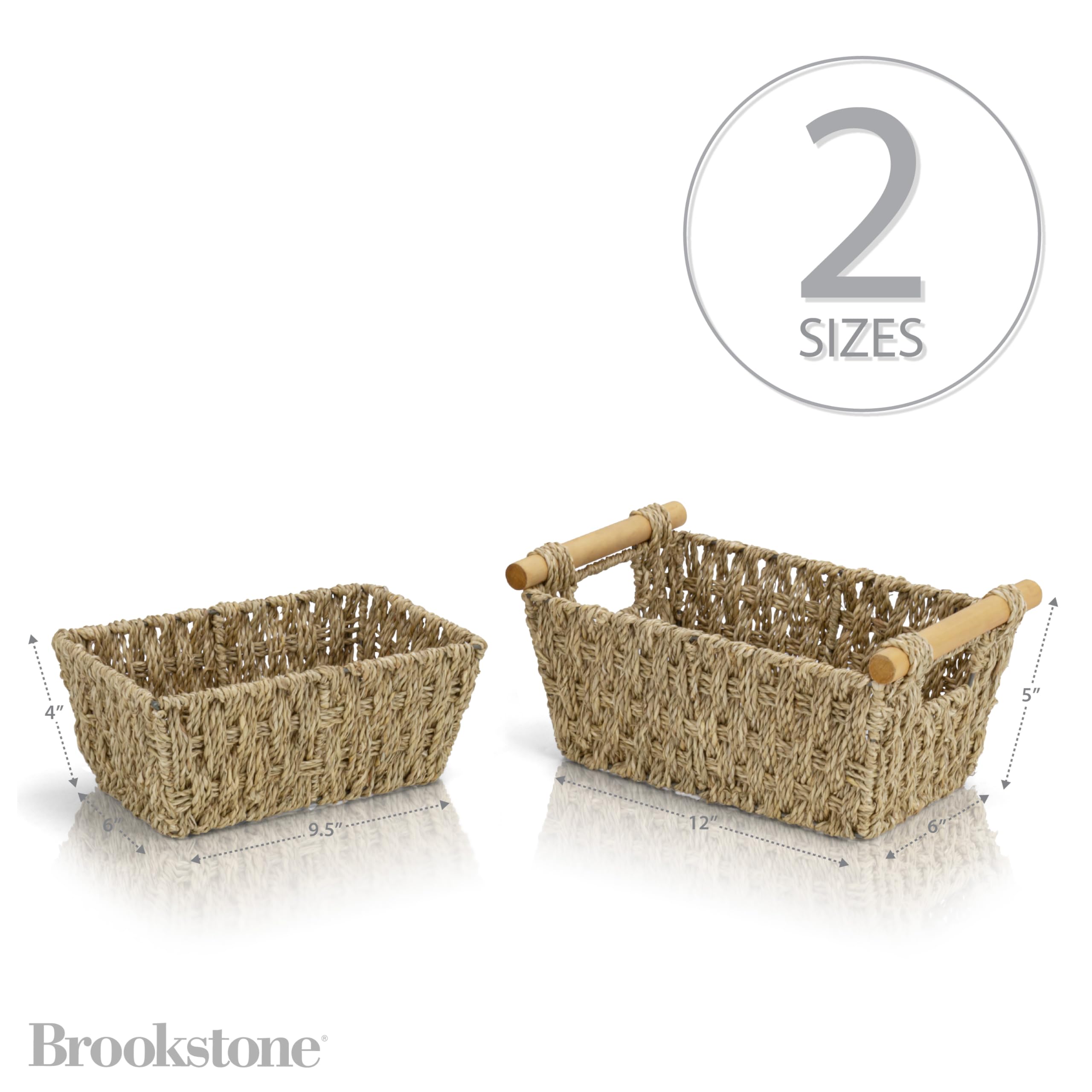 BROOKSTONE - [2 PIECE SET] Wicker Storage Basket with Crafted Wood Handles, Organization and Storage Container, Decorative Shelf Bin, Over the Toilet Paper Reserve, Suitable for Any Home Décor Style