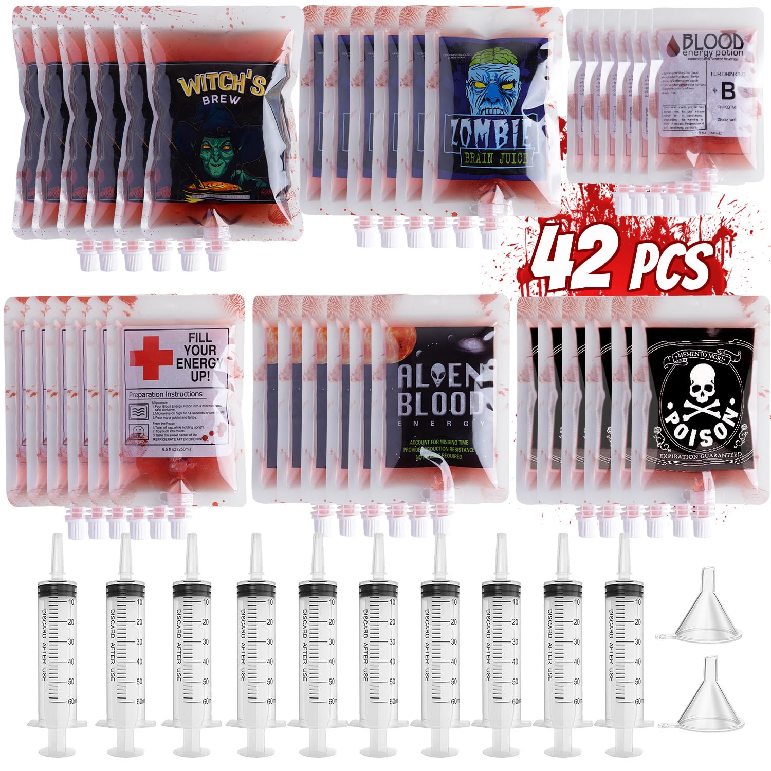 42PCS Halloween Blood Bags for Drinks Party Supplies, 30PCS Reusable Vampire Party Drinking Pouches + 10 Syringes + 2 Funnels, Various Size Containers for Halloween Zombie Nurse Theme Carnival Party Decorations Props