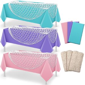 unittype 6 pcs fish net decorative and tablecloth set, cotton fishnet and plastic table cover decorations set for nautical themed party baby shower pirate decorations mermaid party(fresh color)