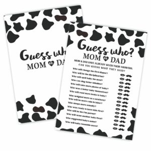 tpyen 30 cow prints guess who? mom or dad baby shower game, 5 x 7 inches double sided fill-in game cards for boys or girls, gender neutral party favor & supplies-(c03)