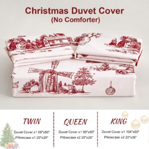 Luxudecor Christmas Duvet Cover Set King Size 3 Pieces Red Yuletide Duvet Cover Hello Winter Pattern Bedding Set with Pillowcase for Christmas New Year (104"x90")