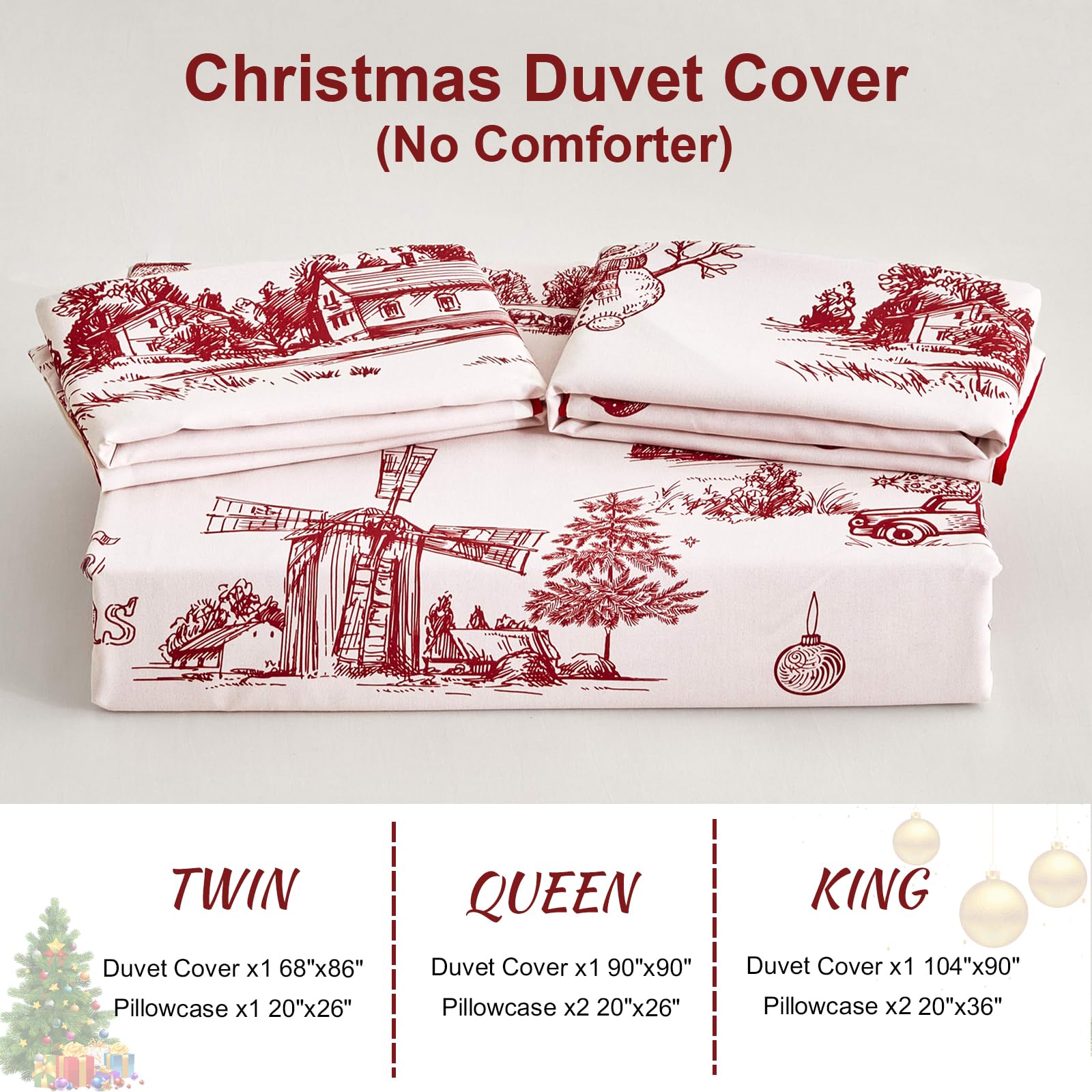 Luxudecor Christmas Duvet Cover Set King Size 3 Pieces Red Yuletide Duvet Cover Hello Winter Pattern Bedding Set with Pillowcase for Christmas New Year (104"x90")