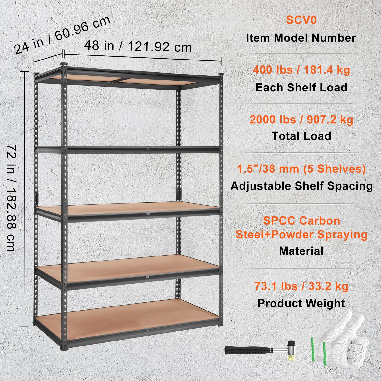 VEVOR Storage Shelving Unit, 5-Tier Adjustable, 2000 lbs Capacity, Heavy Duty Garage Shelves Metal Organizer Utility Rack, Black, 48" L x 24" W x 72" H for Kitchen Pantry Basement Bathroom Laundry