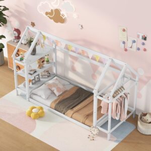 House Bed with Storage, Twin Size Montessori Floor Bed with Detachable Shelves and Hanging Rod, Wooden Floor Bed with Rails and 2 Stands for Kids Boys Girls Teens, White