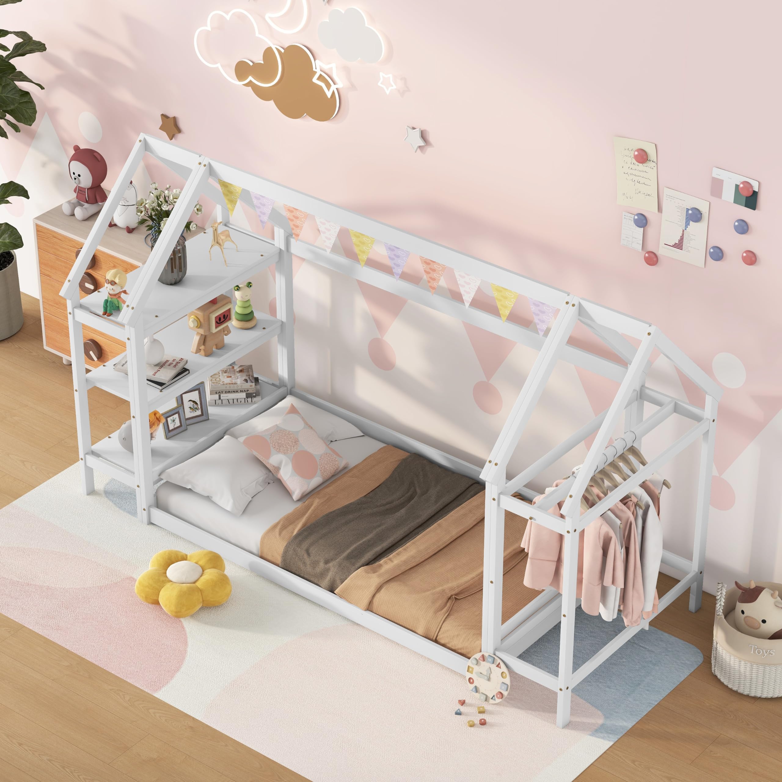 House Bed with Storage, Twin Size Montessori Floor Bed with Detachable Shelves and Hanging Rod, Wooden Floor Bed with Rails and 2 Stands for Kids Boys Girls Teens, White