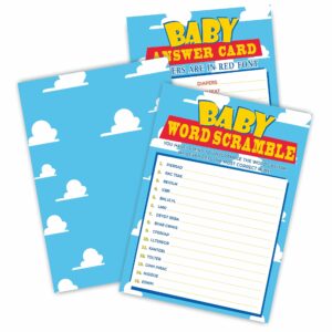 baby shower word scramble game cards, 5 x 7 inches sky & clouds theme fill-in style word scramble game, 30 double-sided game cards & 1 answer card, gender neutral, party favor & supplies-d07