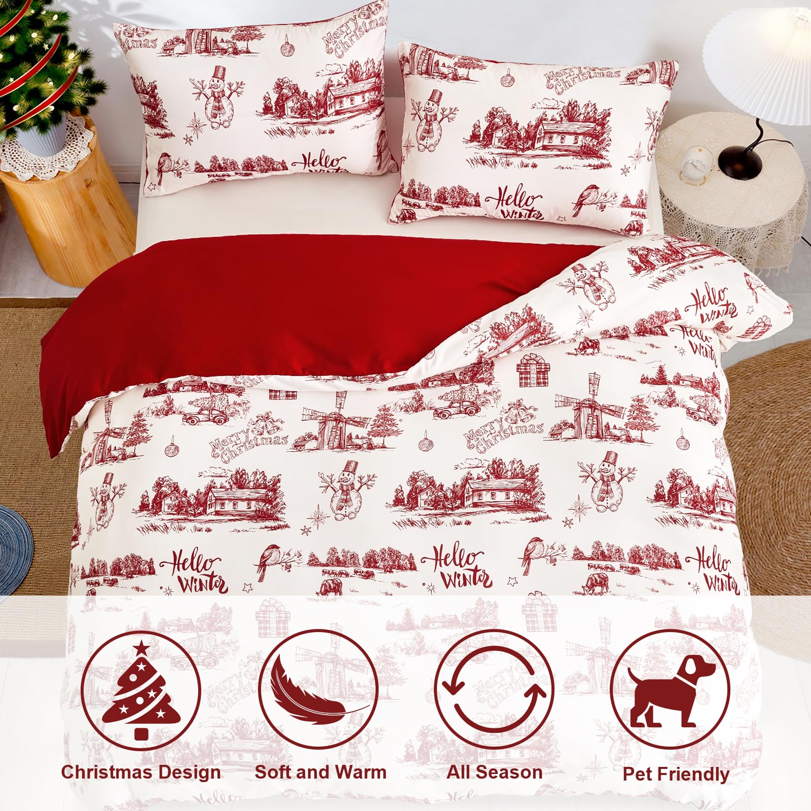 Luxudecor Christmas Duvet Cover Set King Size 3 Pieces Red Yuletide Duvet Cover Hello Winter Pattern Bedding Set with Pillowcase for Christmas New Year (104"x90")