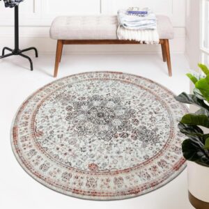 moespace washable round rug 4x4 ft, boho circle area rug for bedroom, low-pile entryway carpet print distressed accent floral circular rug for kitchen foyer laundry room office, taupe