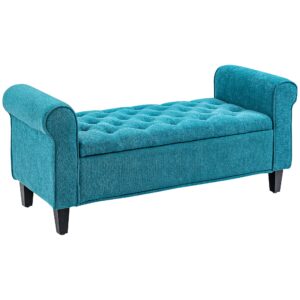 homcom 50" storage ottoman bench, upholstered end of bed bench with rolled arms, wood legs, button tufted storage bench with safety hinges for living room, entryway, bedroom, teal