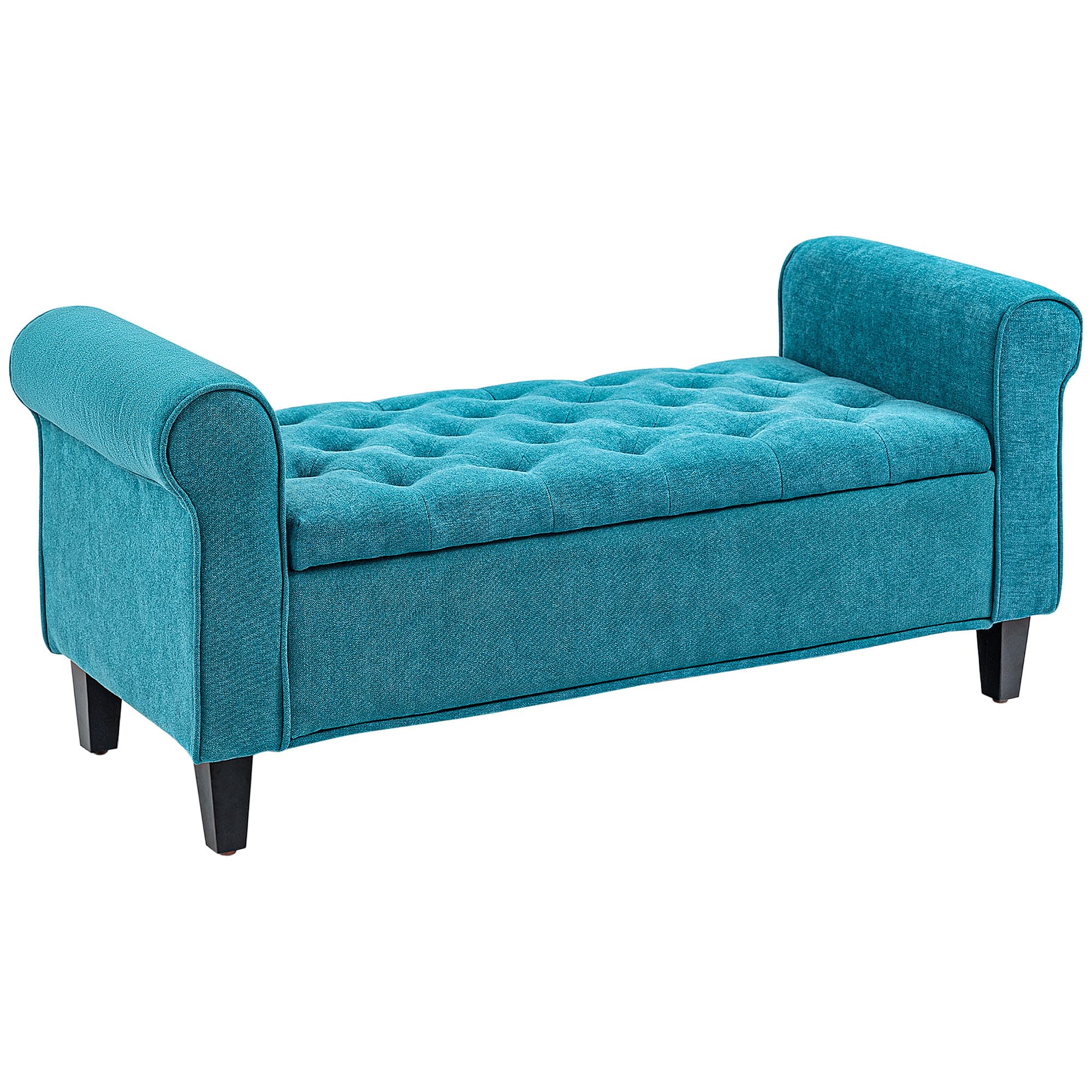 HOMCOM 50" Storage Ottoman Bench, Upholstered End of Bed Bench with Rolled Arms, Wood Legs, Button Tufted Storage Bench with Safety Hinges for Living Room, Entryway, Bedroom, Teal