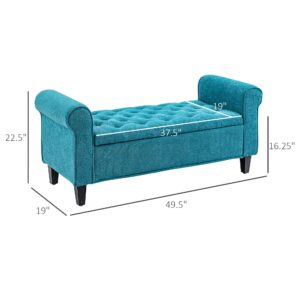 HOMCOM 50" Storage Ottoman Bench, Upholstered End of Bed Bench with Rolled Arms, Wood Legs, Button Tufted Storage Bench with Safety Hinges for Living Room, Entryway, Bedroom, Teal