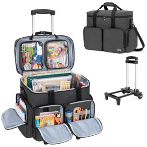 curmio rolling scrapbook tote on wheels, scrapbook storage bag with detachable trolley and bottom wooden board, rolling craft bag for scrapbooking supplies, black