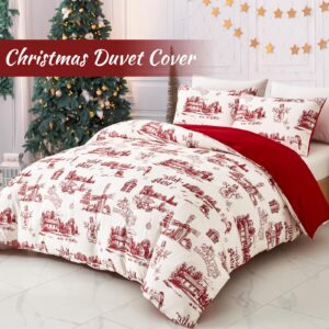 Luxudecor Christmas Duvet Cover Set King Size 3 Pieces Red Yuletide Duvet Cover Hello Winter Pattern Bedding Set with Pillowcase for Christmas New Year (104"x90")